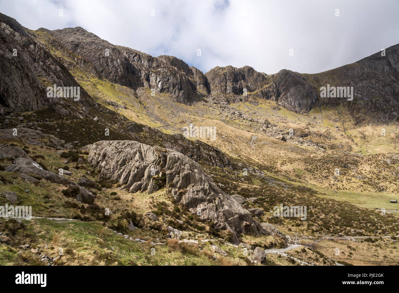 Rugged path leading up to the Devil's Kitchen at Cwm Idwal, Snowdonia ...