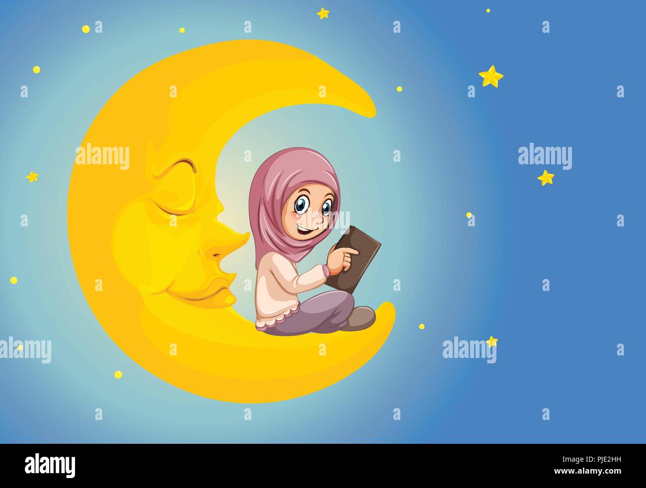 A muslim girl reading on the moon illustration Stock Vector Image & Art ...