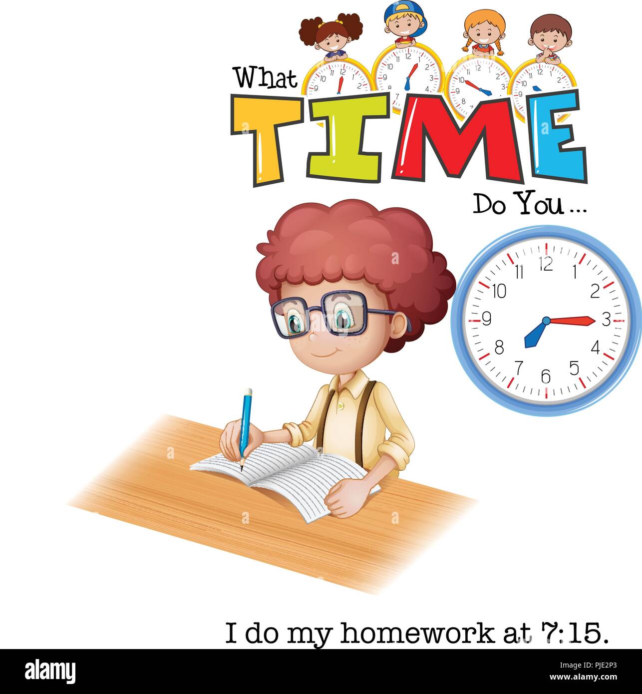 A boy doing homework at 7:15 illustration Stock Vector Image & Art - Alamy