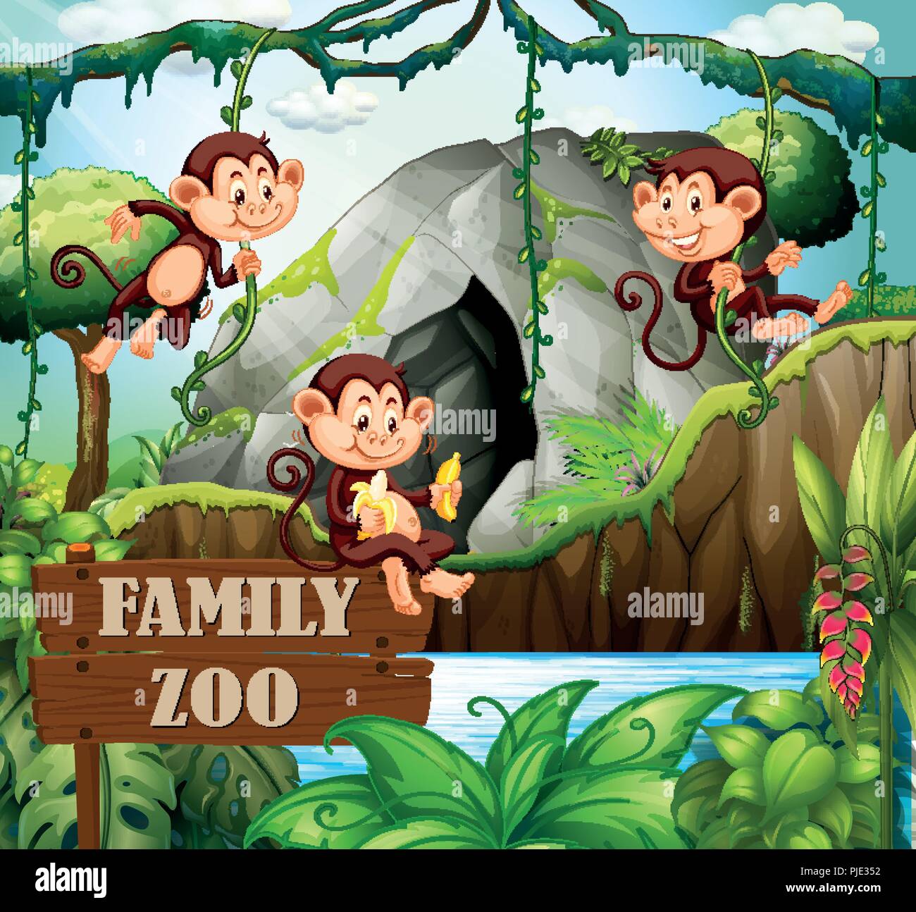 Monkey family in nature zoo illustration Stock Vector Image & Art - Alamy