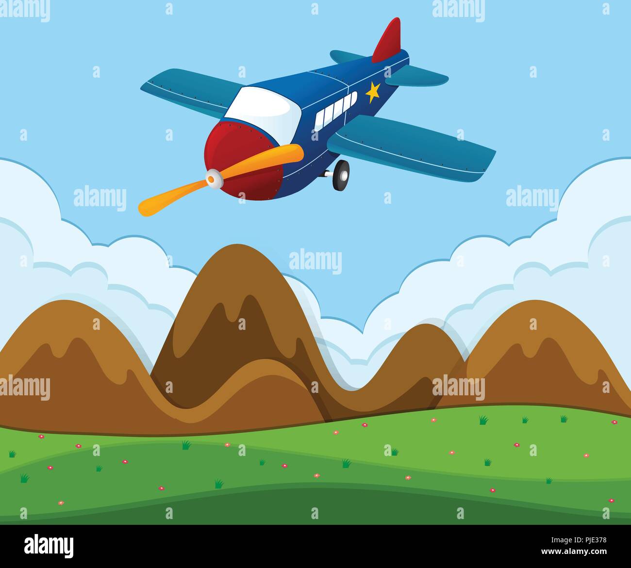 Airplane flying over the green landscape illustration Stock Vector ...