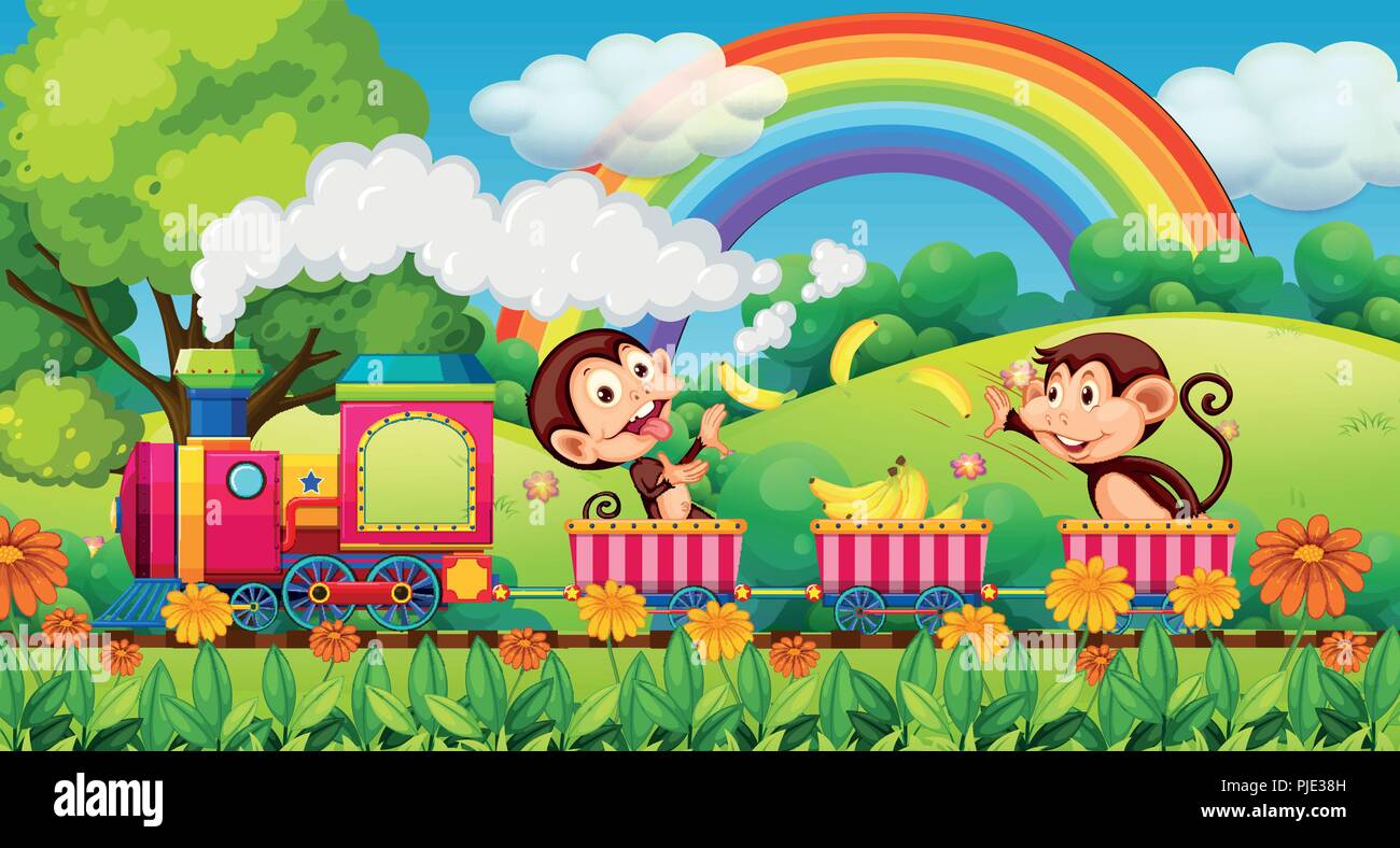 Monkey travel in nature by train illustration Stock Vector Image & Art ...