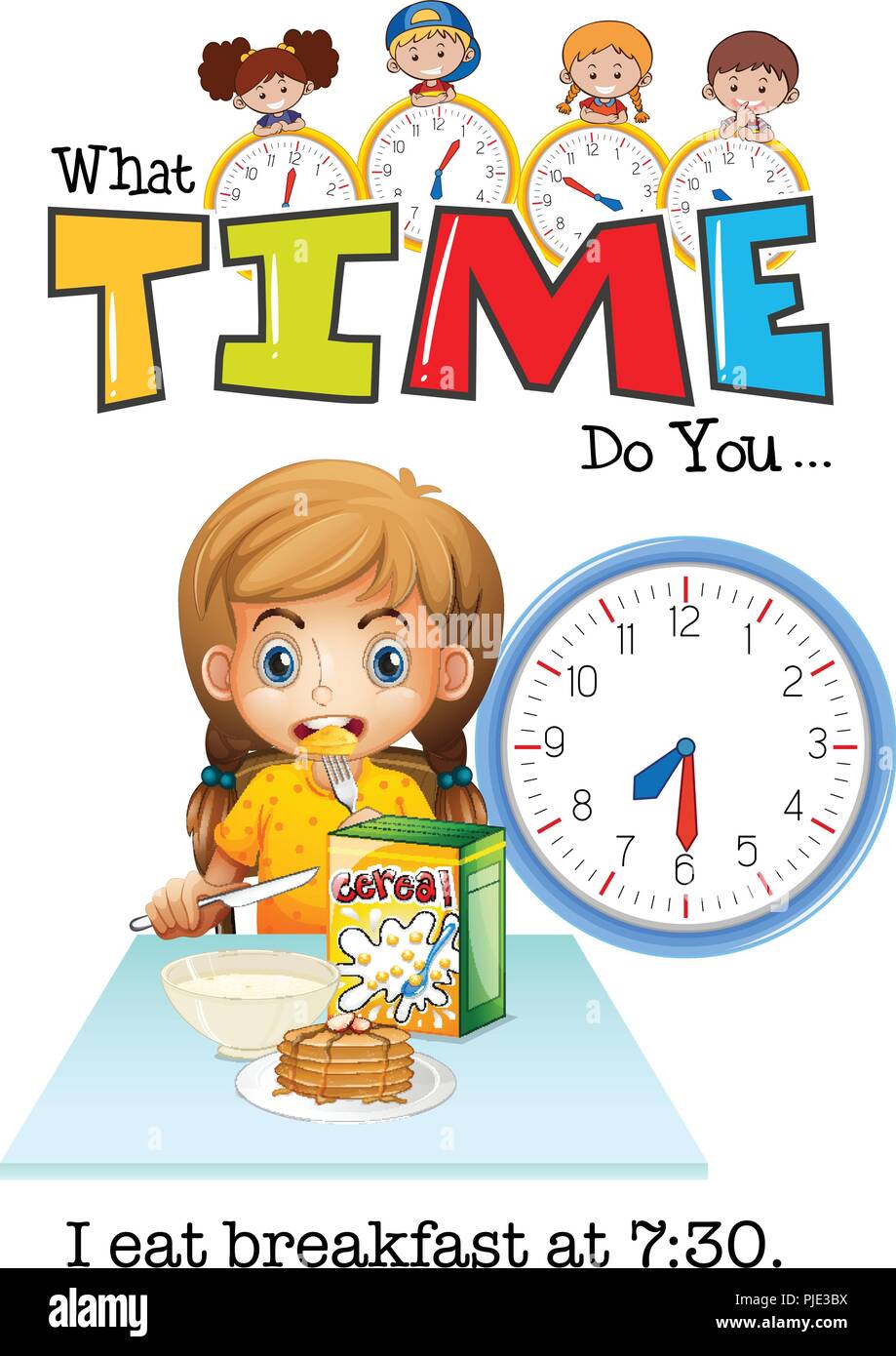A girl eatinf breakfast at 7:30 illustration Stock Vector Image & Art ...