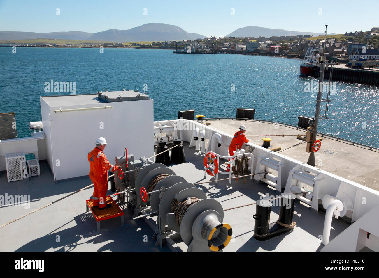 Weighing anchor on the rear deck of the car ferry Hamnavoe, Stromness ...
