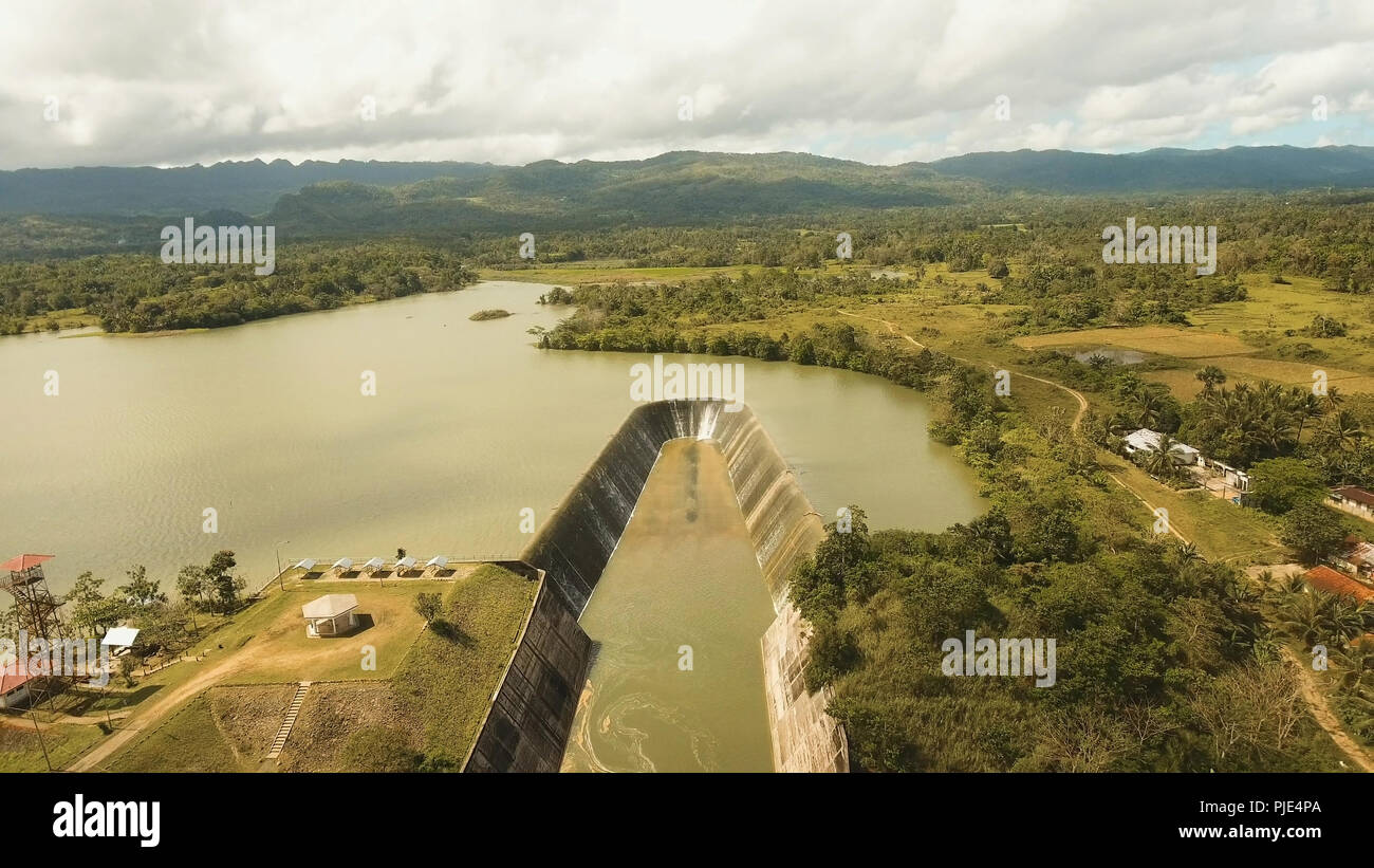 Aerial view Dam on the lake in the rainforest on the island. Water ...
