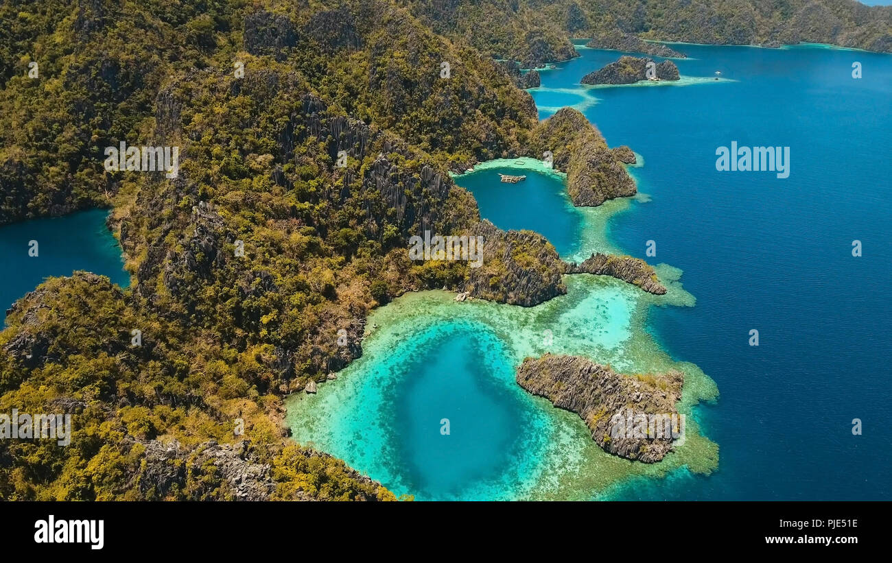 Aerial view: Mountain Barracuda lake, on tropical island, Lagoon with ...