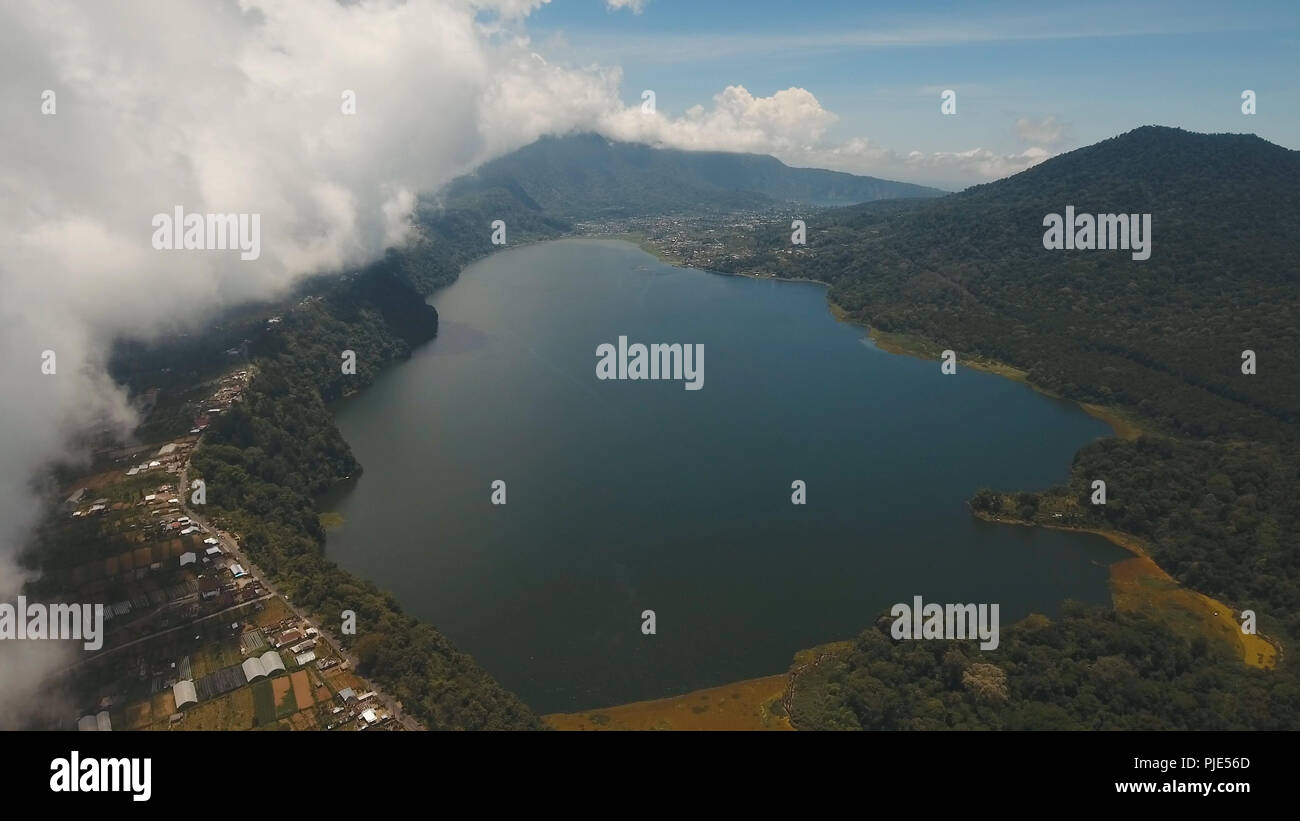 Aerial view of Lake Buyan,caldera lake at Bali. Beautiful lake with ...