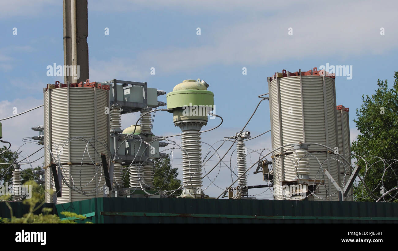Aerial view Power plant, transformation station, cables and wires ...