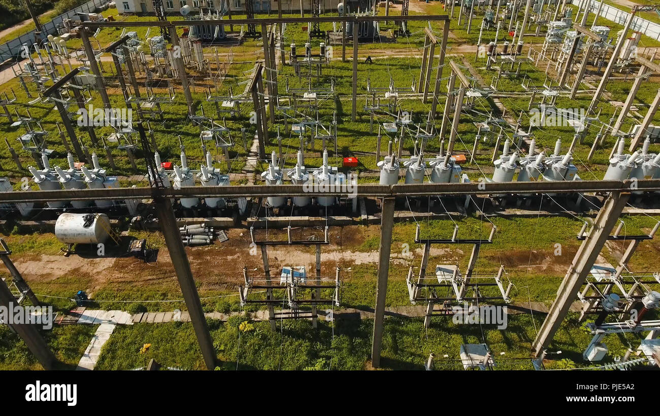 Aerial view Power plant, transformation station, cables and wires. High ...