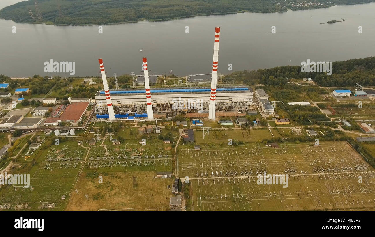 Aerial view Hydroelectric power station, transformation station, cables ...