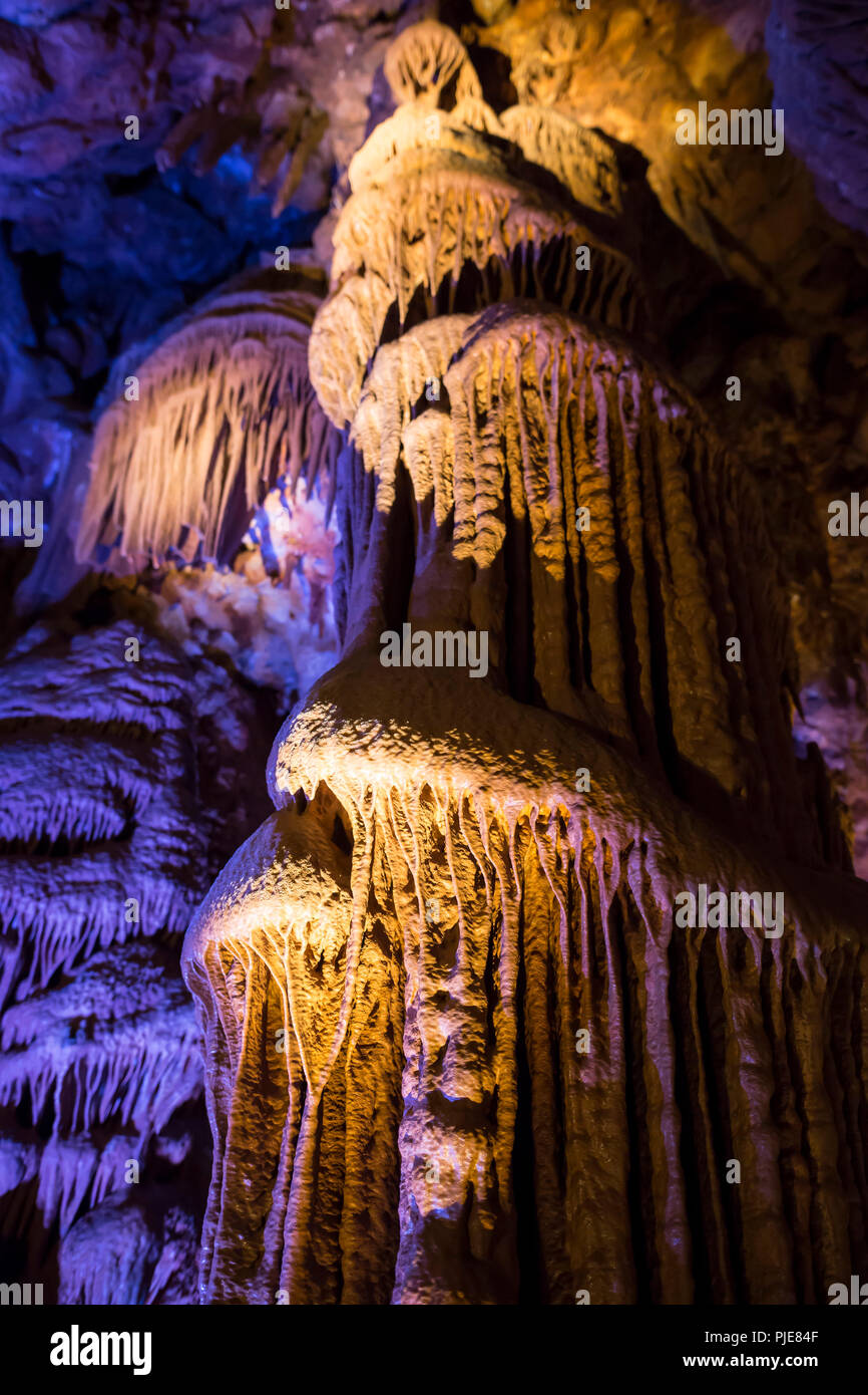 Venetsa Cave in Bulgaria. Beautiful colorful and illuminated cave full ...