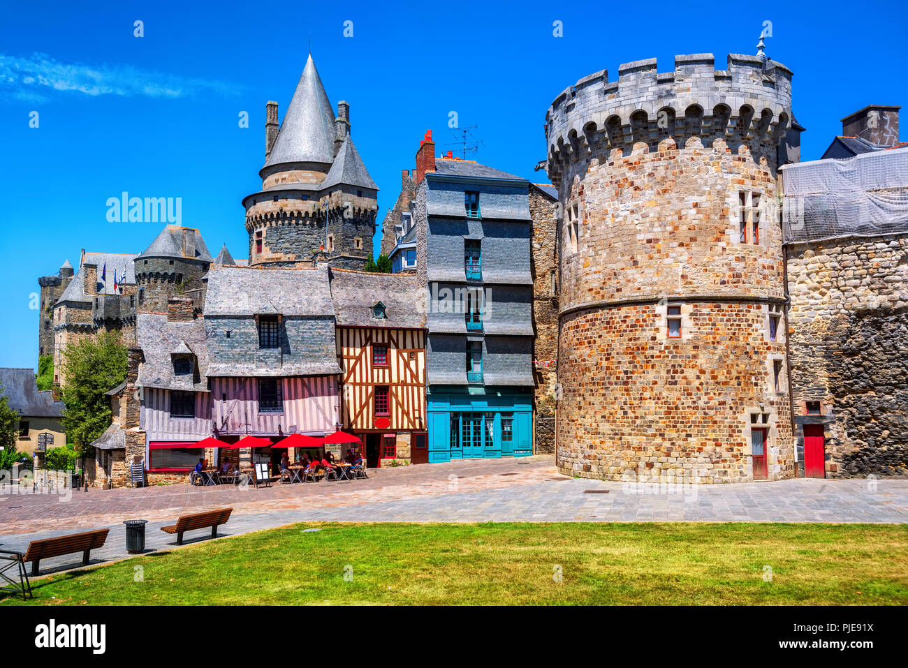 Vitre medieval Old Town with colorful traditional houses, stone walls ...