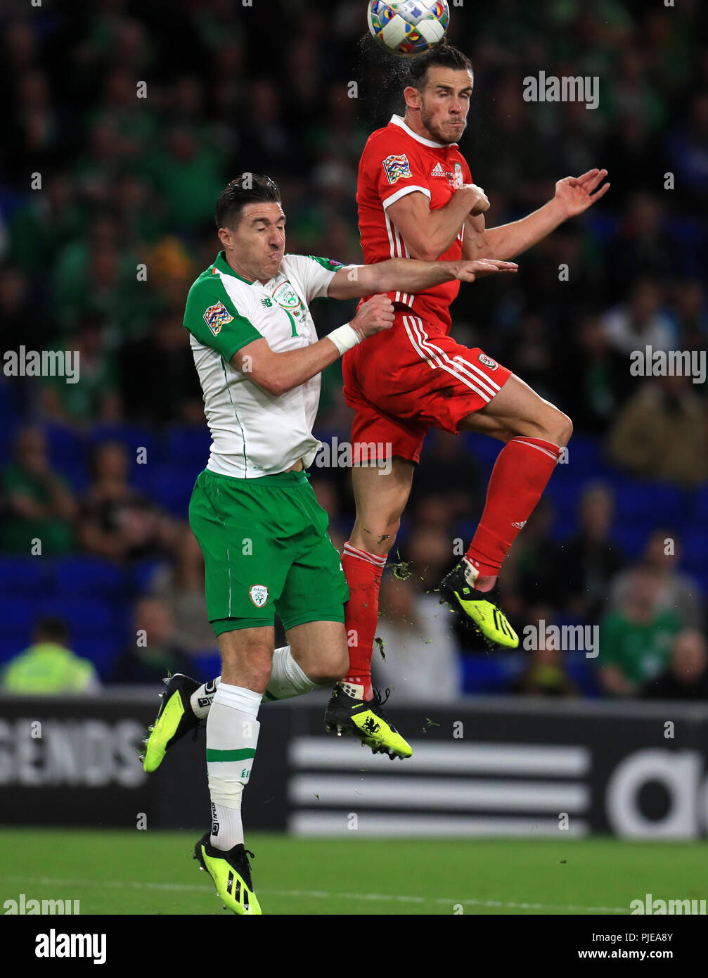 Wales' Gareth Bale heads the ball during the League B, Group four match ...