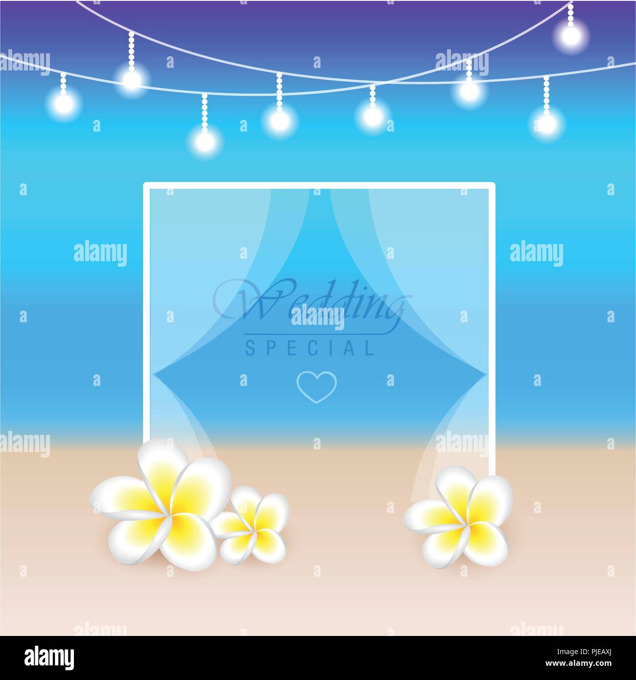 summer beach card for wedding invitation with lanterns and frangipani ...