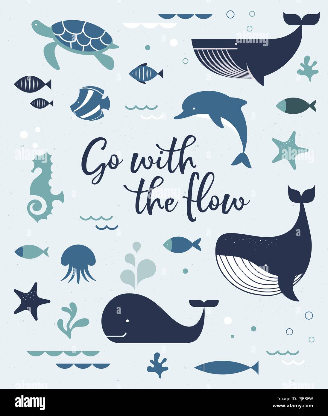 Sea life, whales, dolphins icons and illustrations, poster design Stock ...