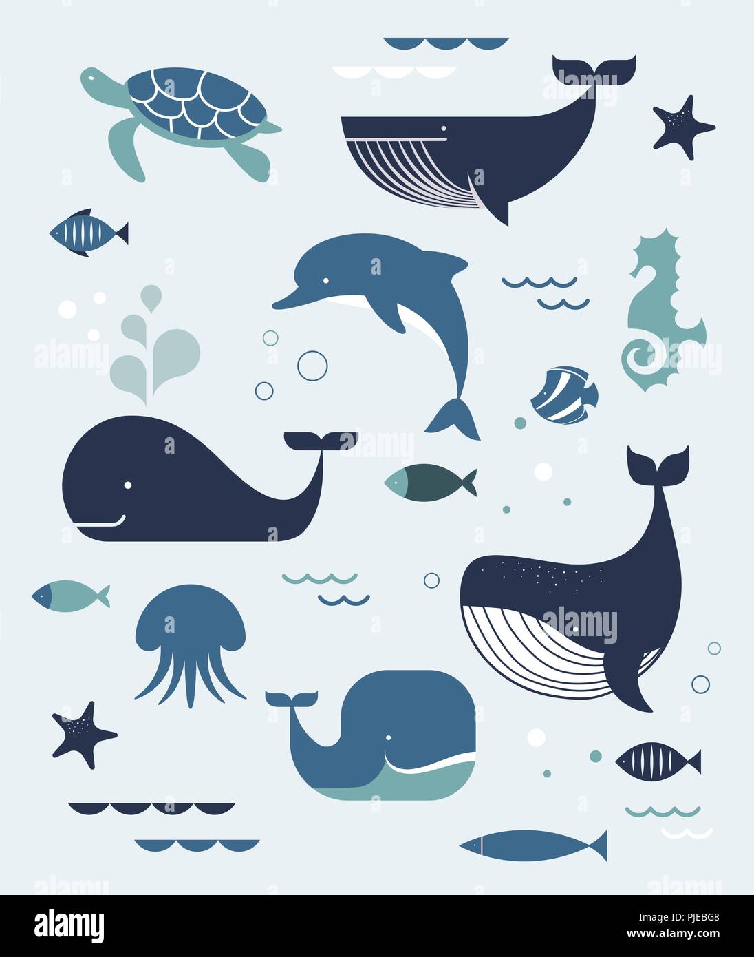 Sea life, whales, dolphins icons and illustrations, poster design Stock ...