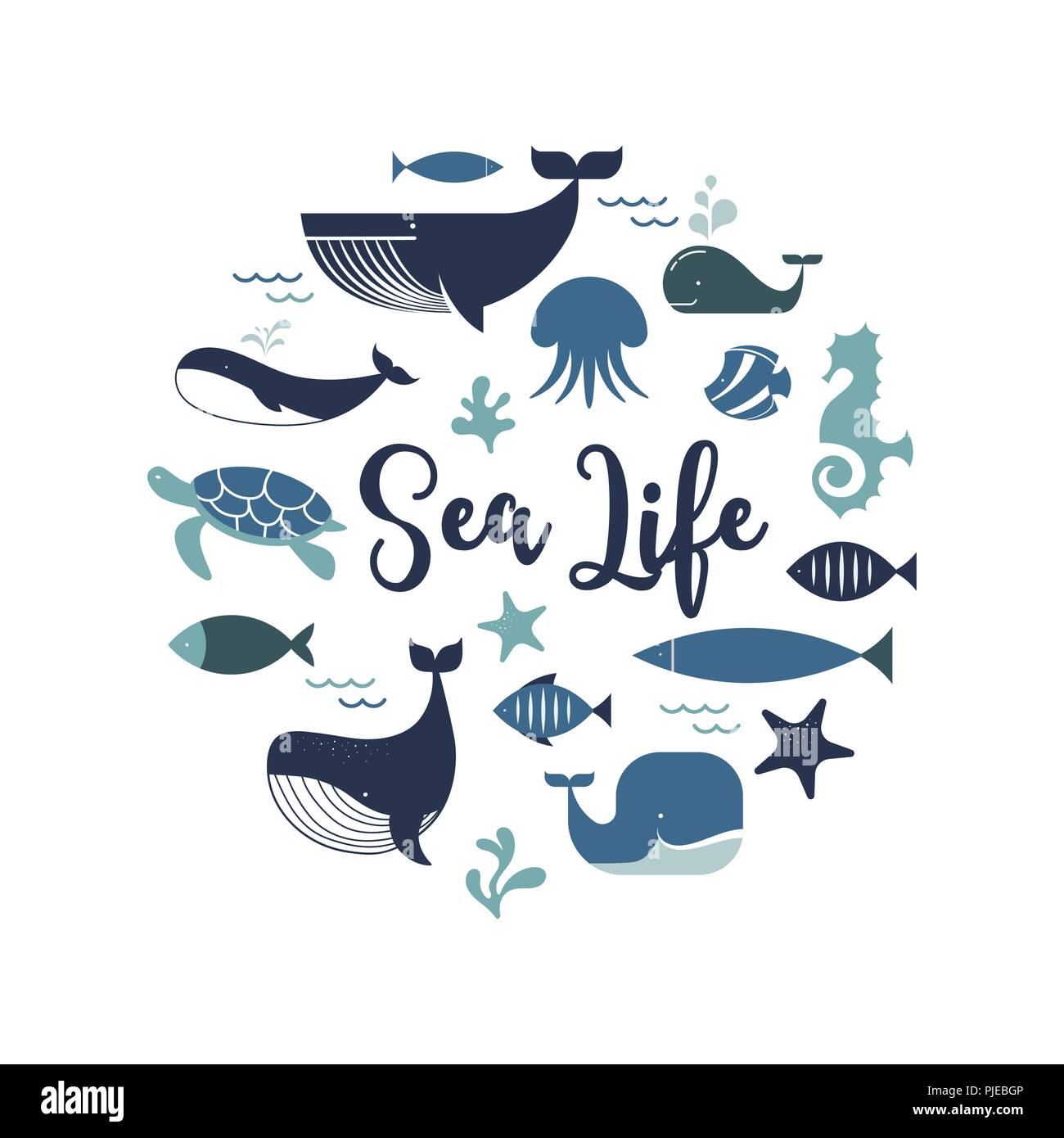 Sea life, whales, dolphins icons and illustrations, poster design Stock ...
