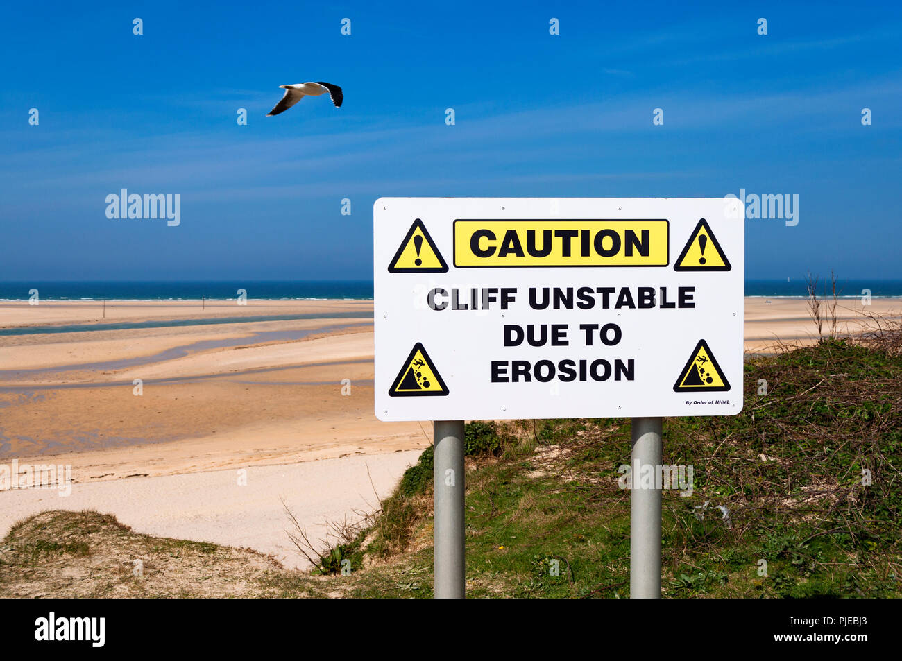 Warning Sign, Unstable Coastal Cliffs Near Hayle In Cornwall, England ...