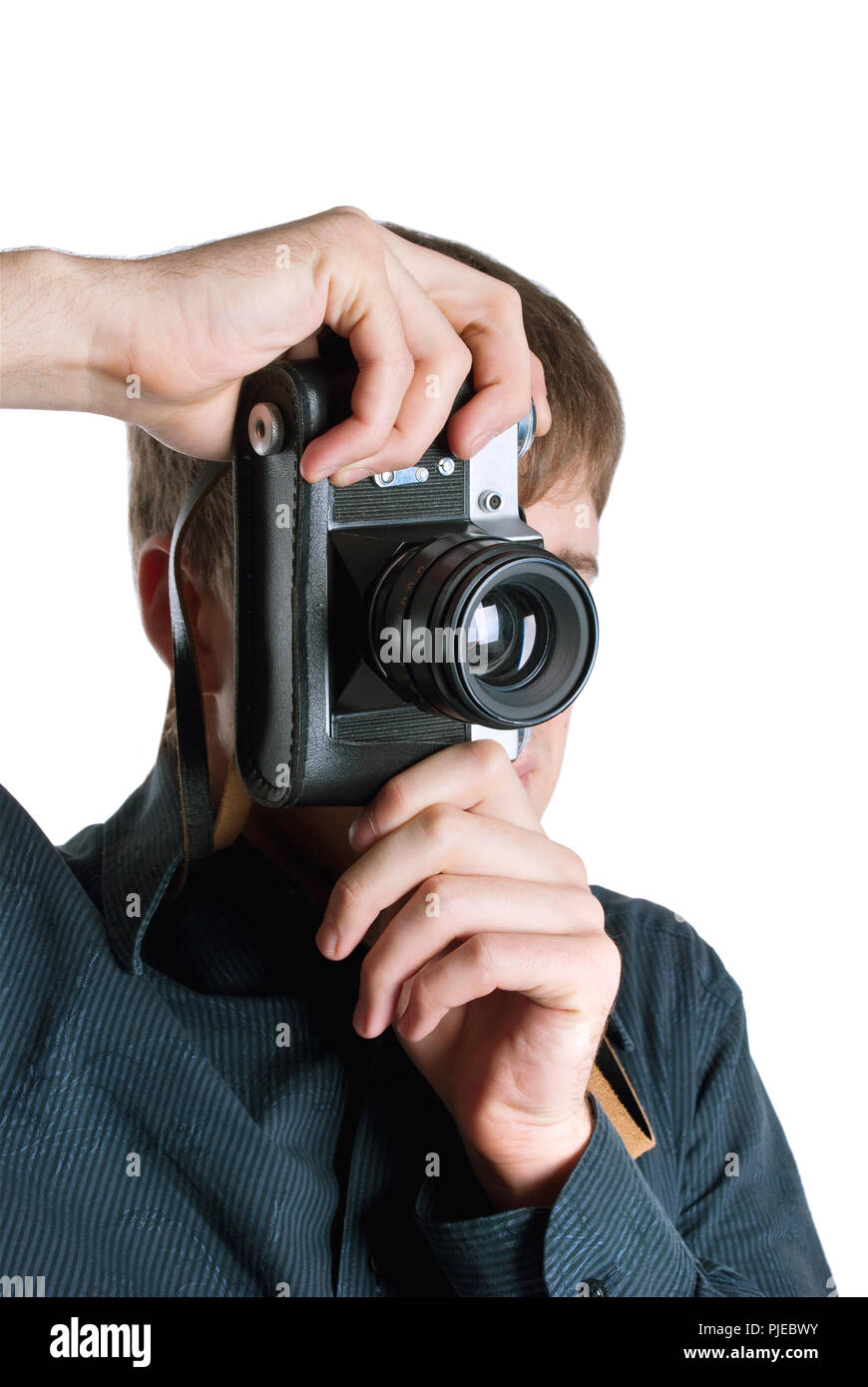 man looking through the camera isolated on white background Stock Photo ...