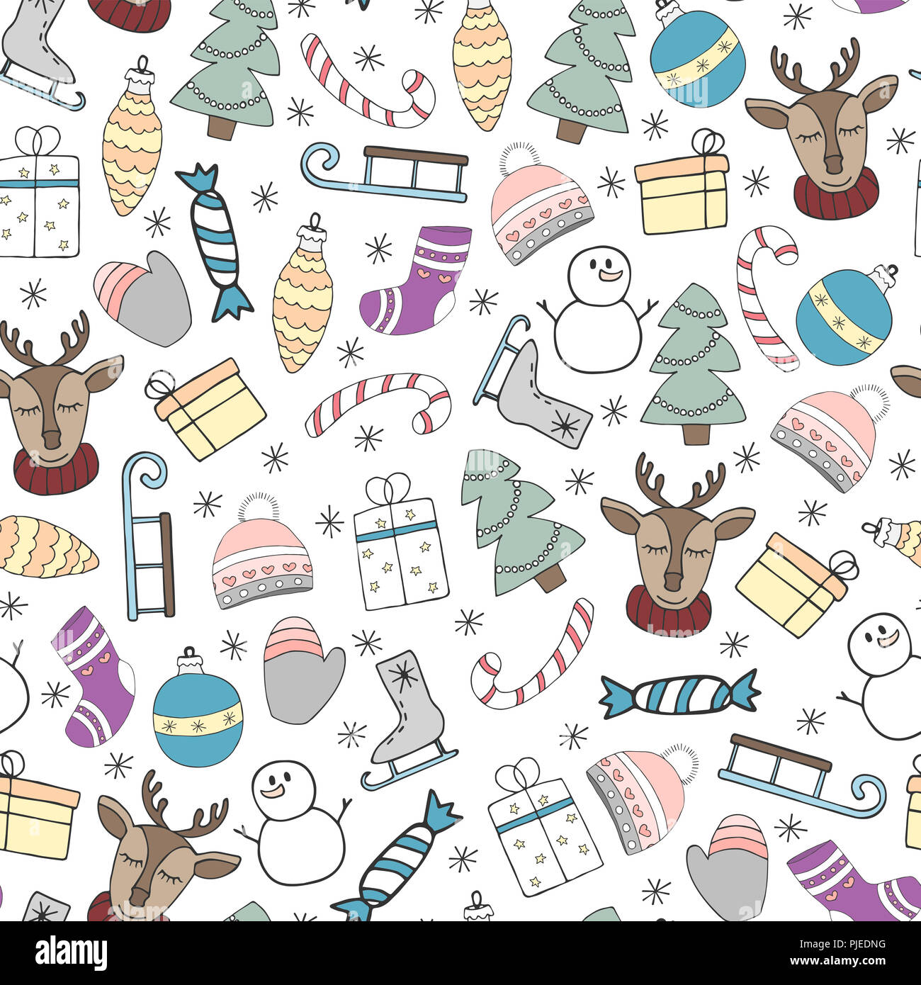 Festive seamless pattern. Hand drawn colored holiday items on white ...