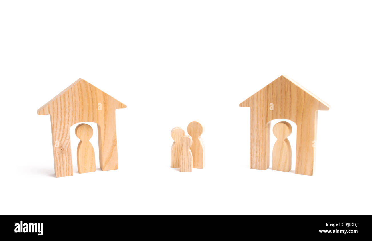 Wooden houses and people and a man between them on a white background ...