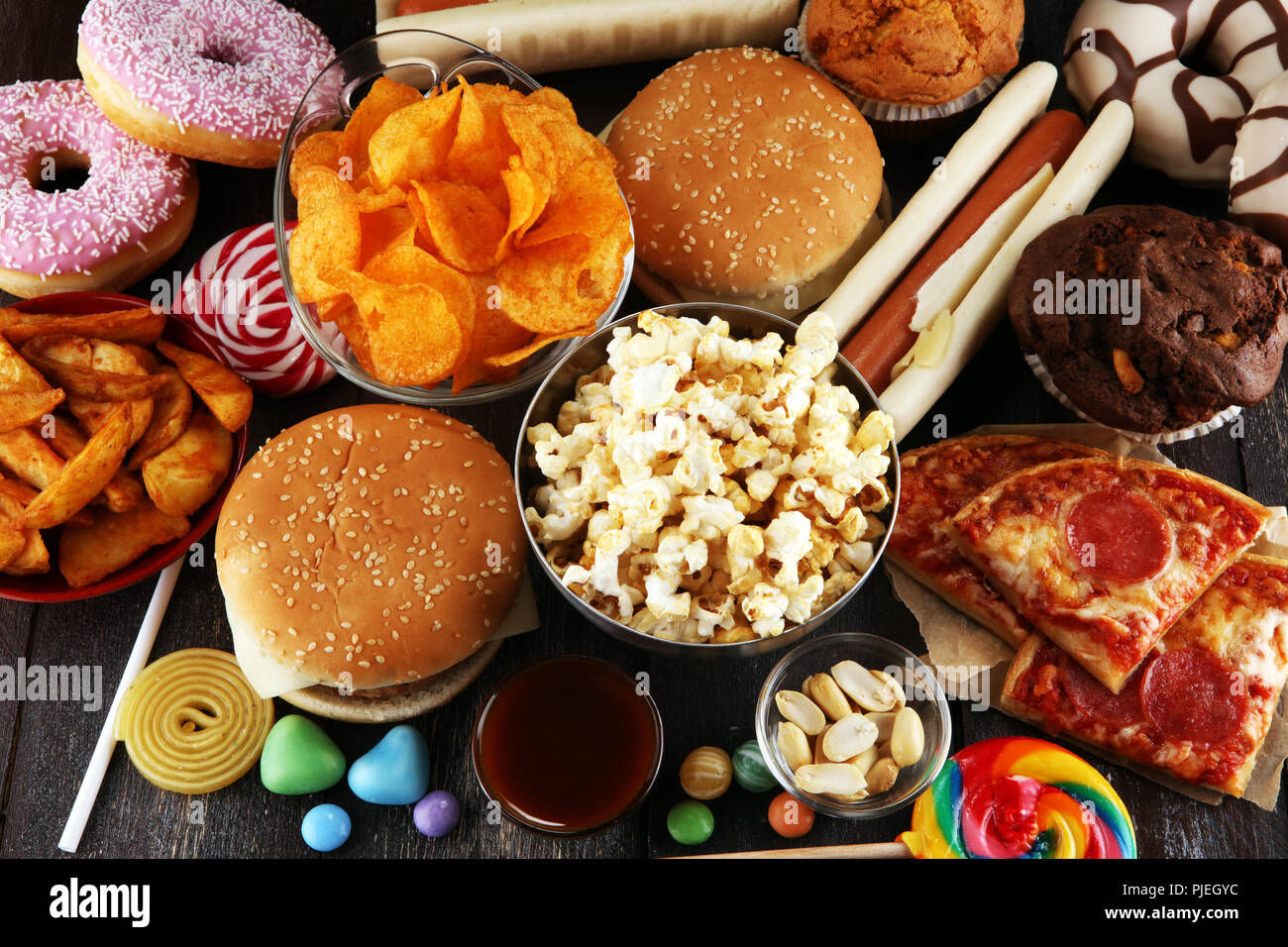 Unhealthy products. food bad for figure, skin, heart and teeth ...