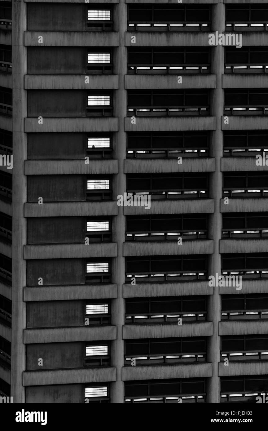 Downtown Seattle courthouse jail exterior with rows of light at sunset ...