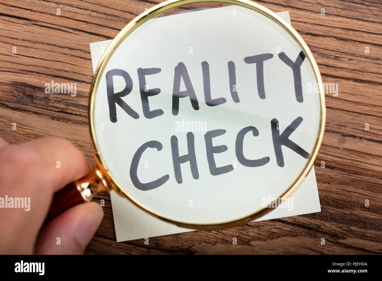 Close-up Of Person's Hand Looking At Reality Check Word Through ...