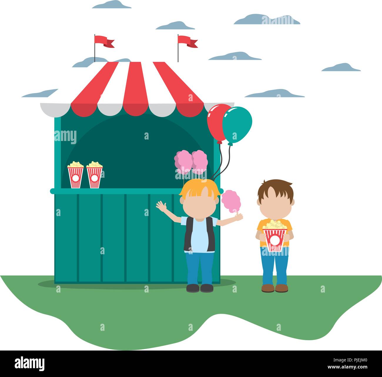children with carnival shop and popcorn with cotton candy Stock Vector ...