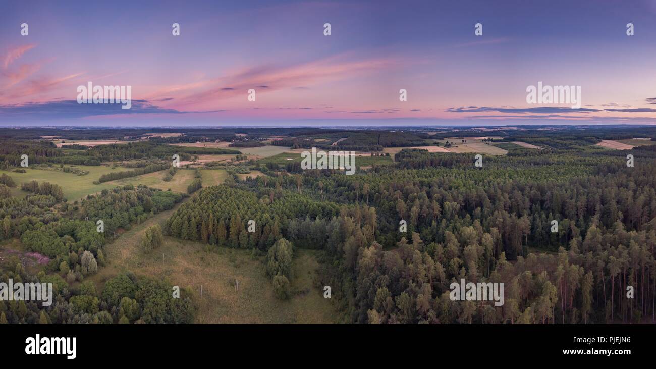 Aerial landscape with forest in sunset light. Beautiful drone landscape ...