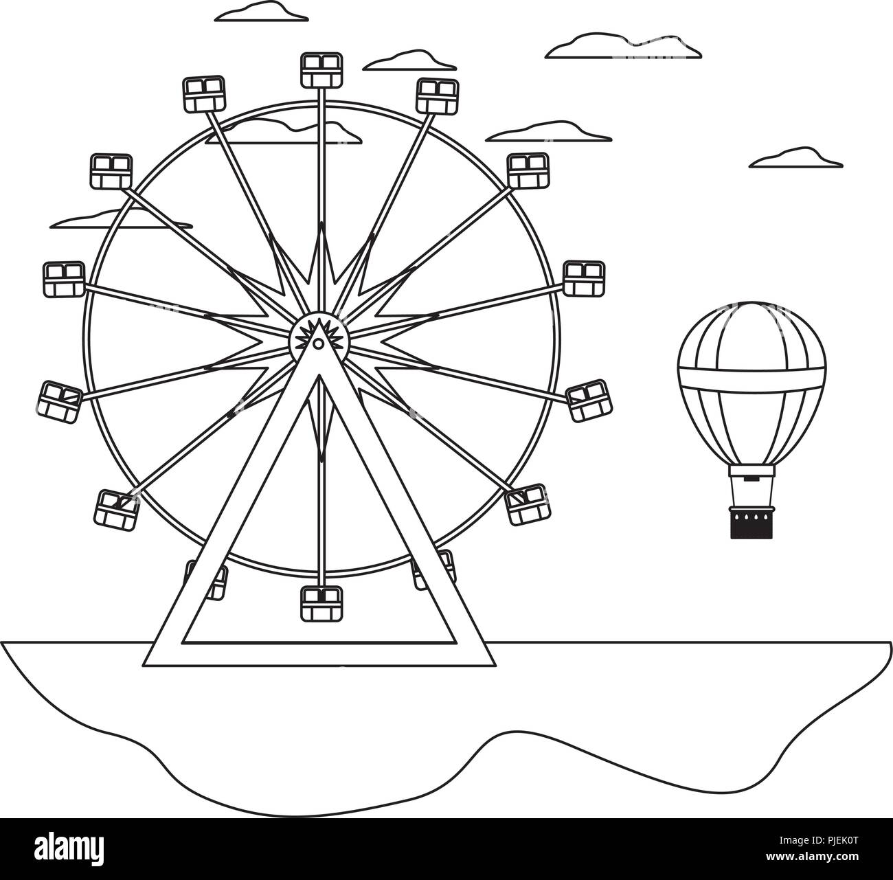 line carnival with ferris wheel mechanical and air balloon Stock Vector ...