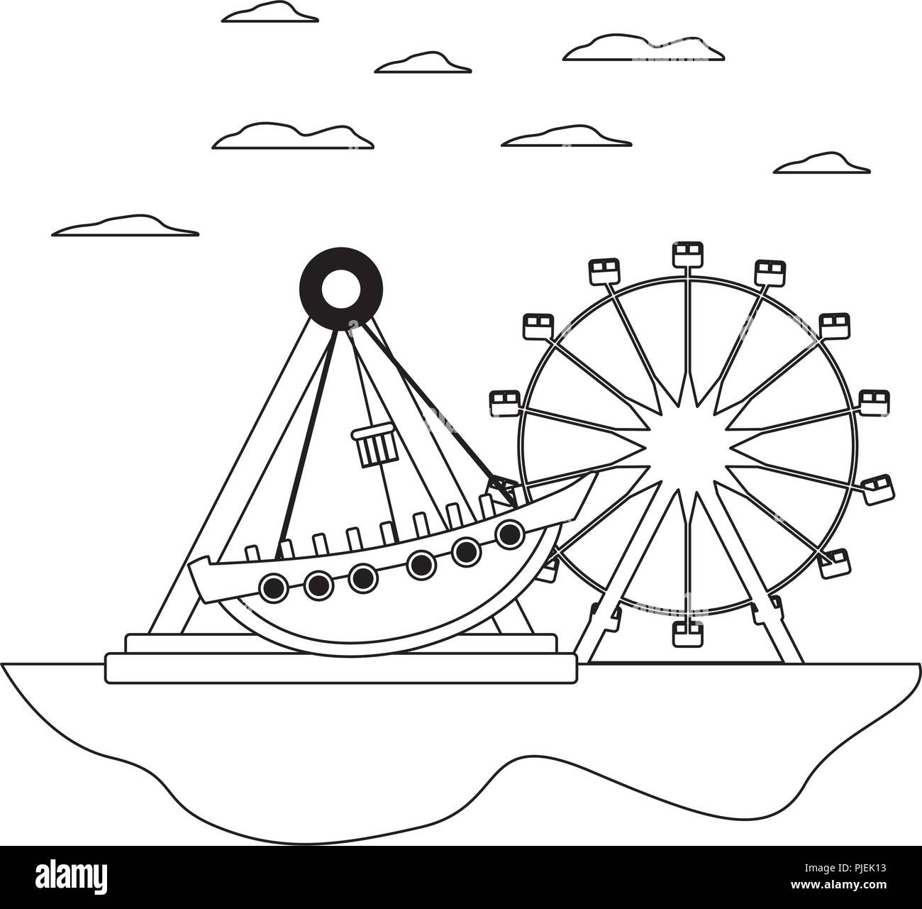 line mechanical ship ride and ferris wheel games Stock Vector Image ...