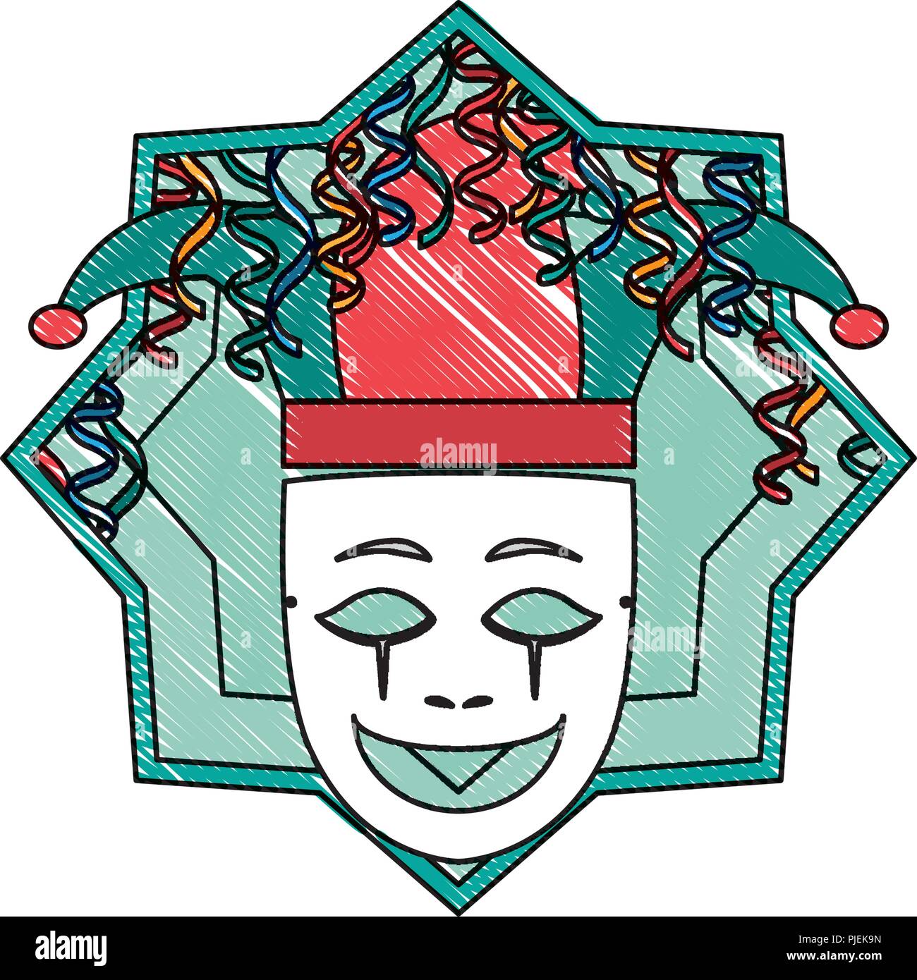 doodle jester with fashion mask and hat inside star vector illustration ...
