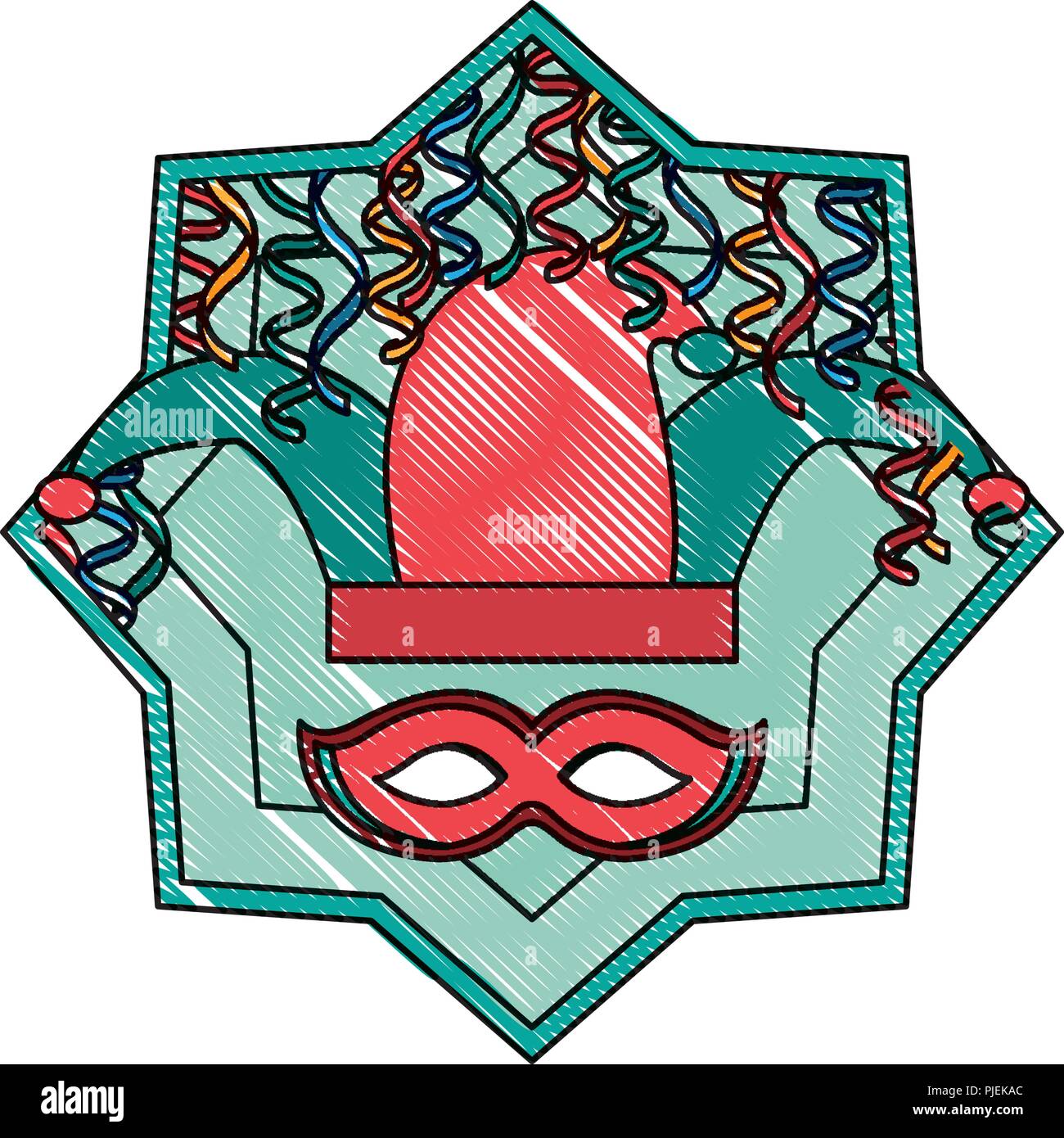 doodle jester hat with mask and cofetti inside star vector illustration ...