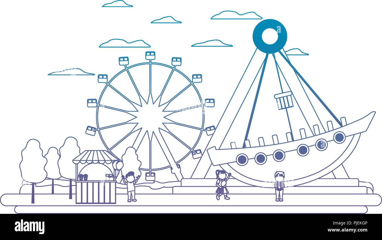 degraded line carnival shop with children and mechanical ship ride ...