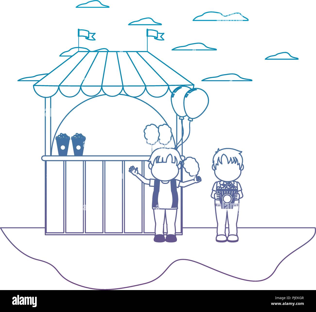 degraded line children with carnival shop and popcorn with cotton candy ...