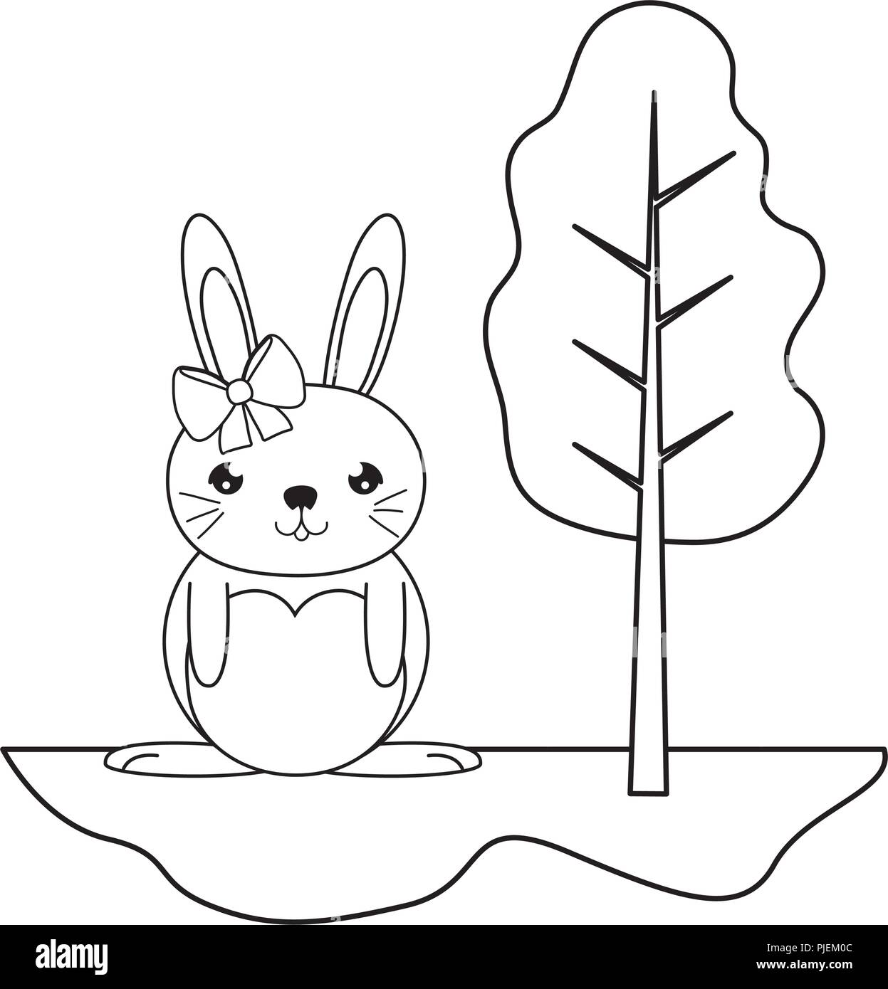 line cute female rabbit animal in the landscape Stock Vector Image ...