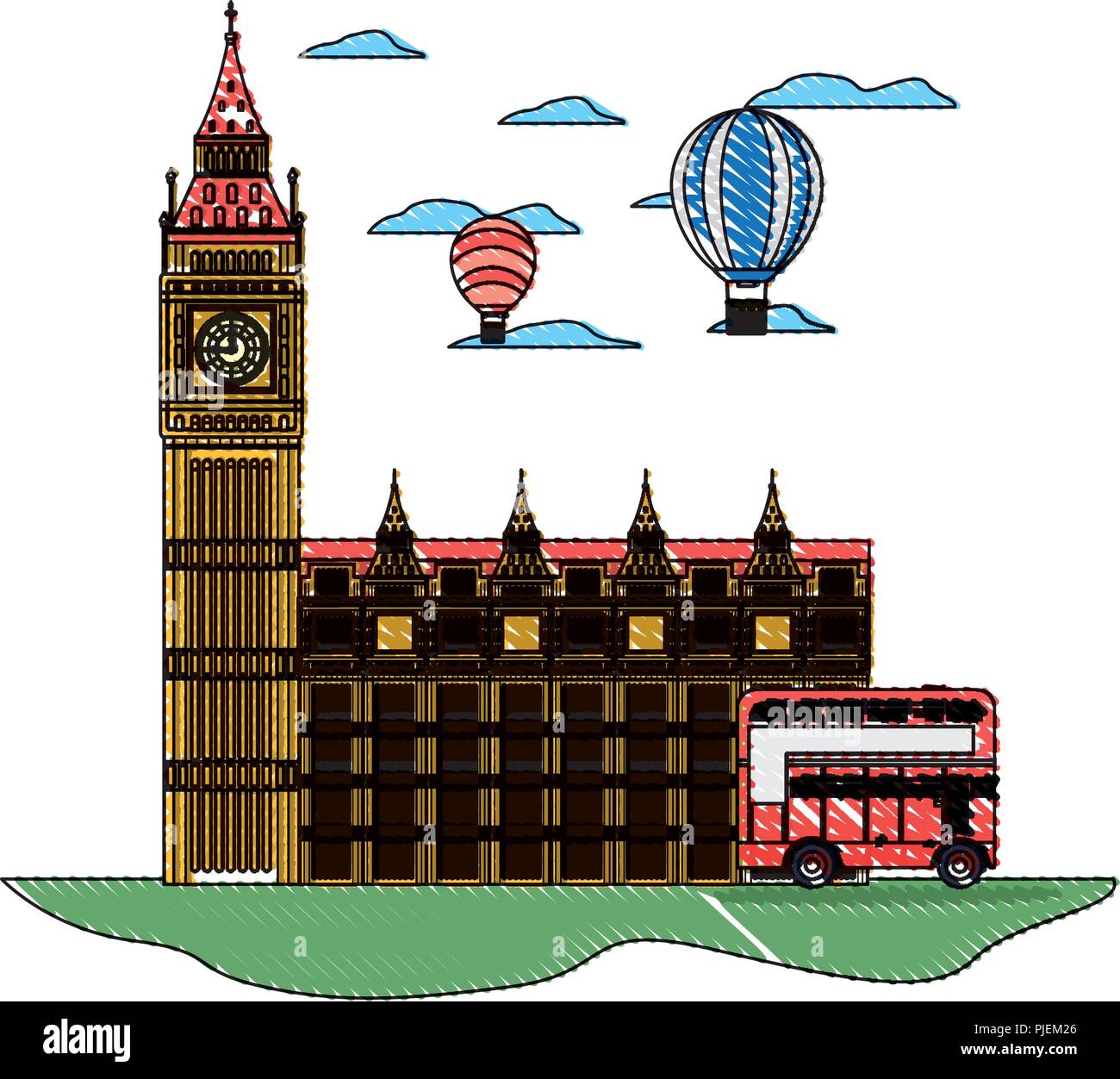 doodle london clock tower with air balloon and bus Stock Vector Image ...