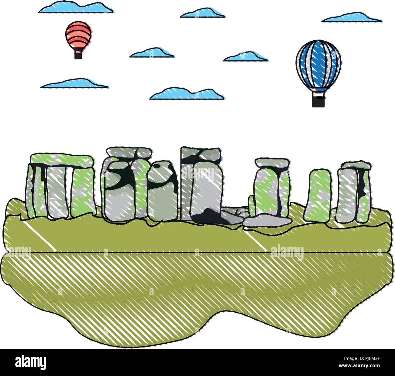 doodle classical stonehenge sculpture and air balloons Stock Vector ...