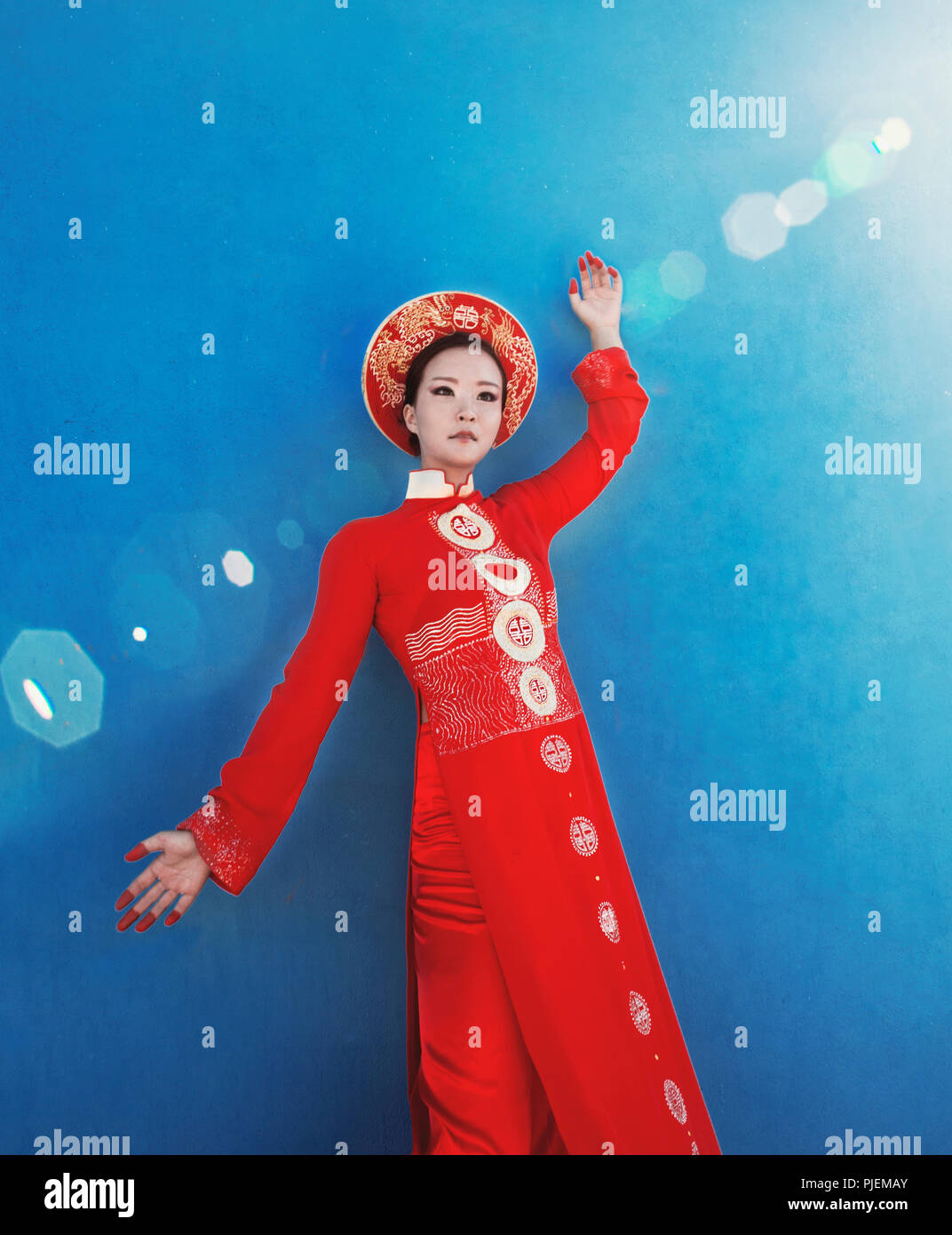 beauty young vietnamese woman in red national ethnic costume Stock ...
