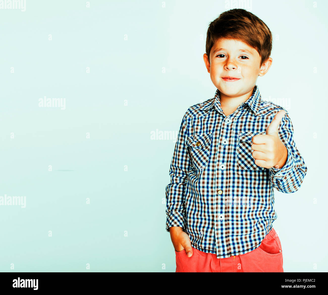 little cute real boy on white background gesture smiling close u Stock ...