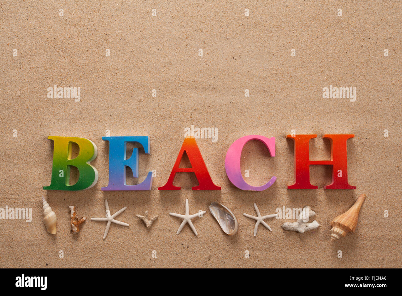 top view of beach written in colorful letters decorate with shellfish ...