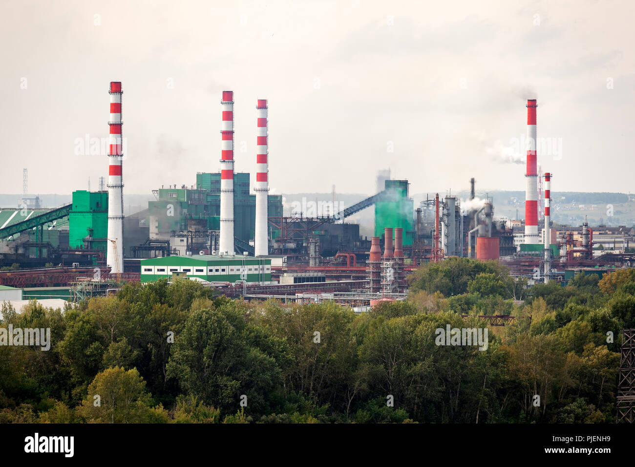 The landscape of a huge industrial city with factories and high cranes ...