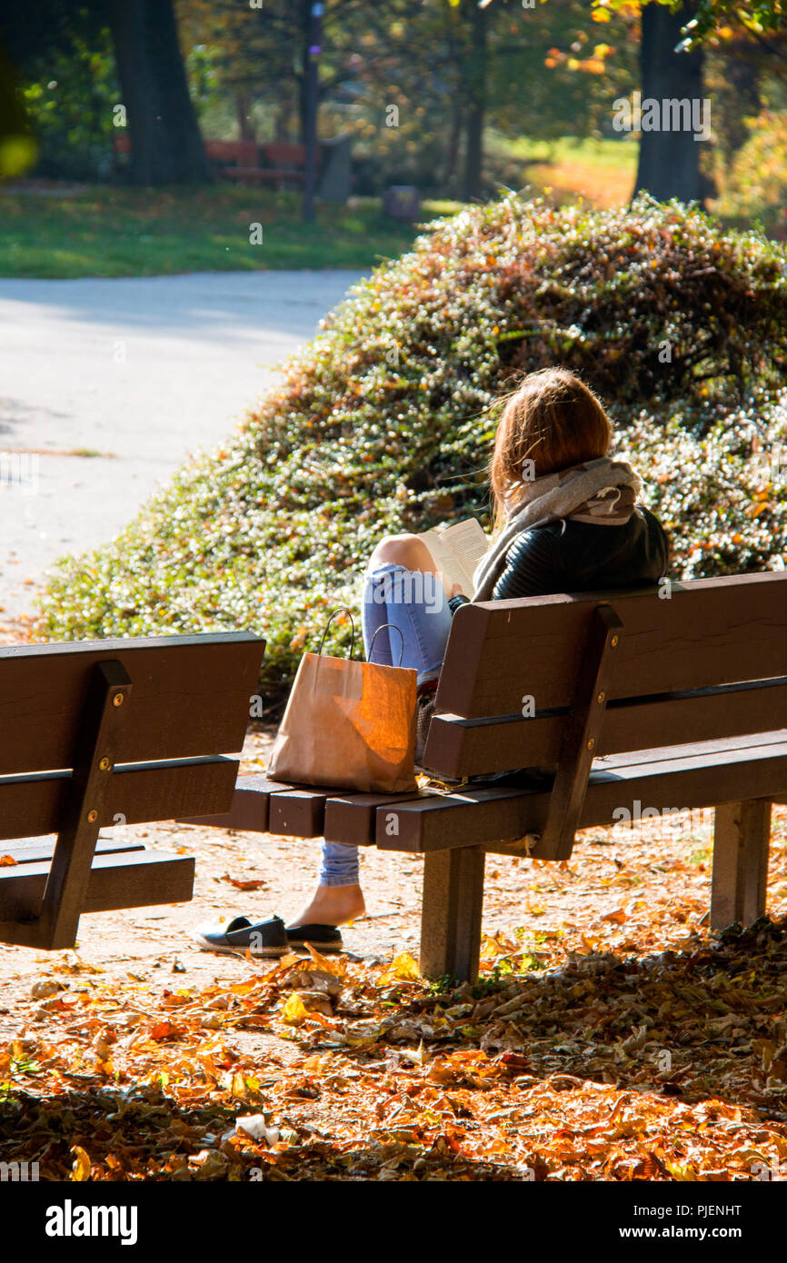 Backside woman reading book and sitting next her shopping back on the ...