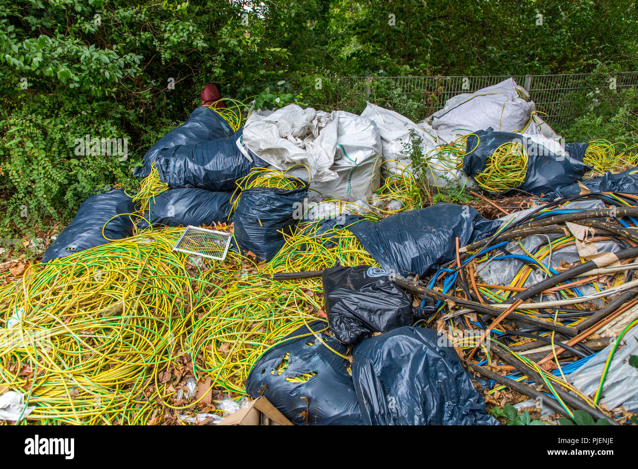 Wild garbage dump on a public parking lot, illegal disposal of ...