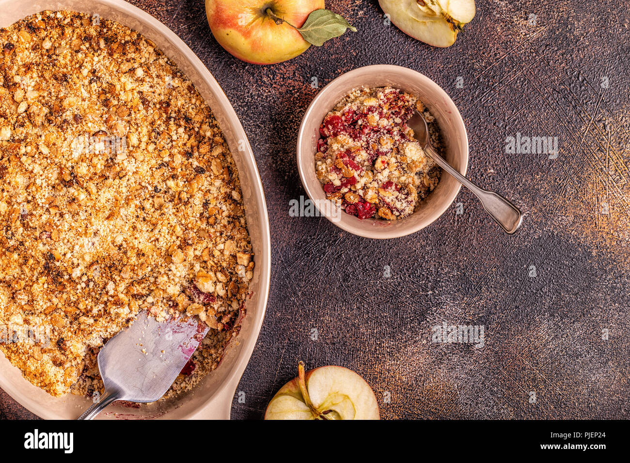 Apple cherry crisp crumble, top view Stock Photo - Alamy