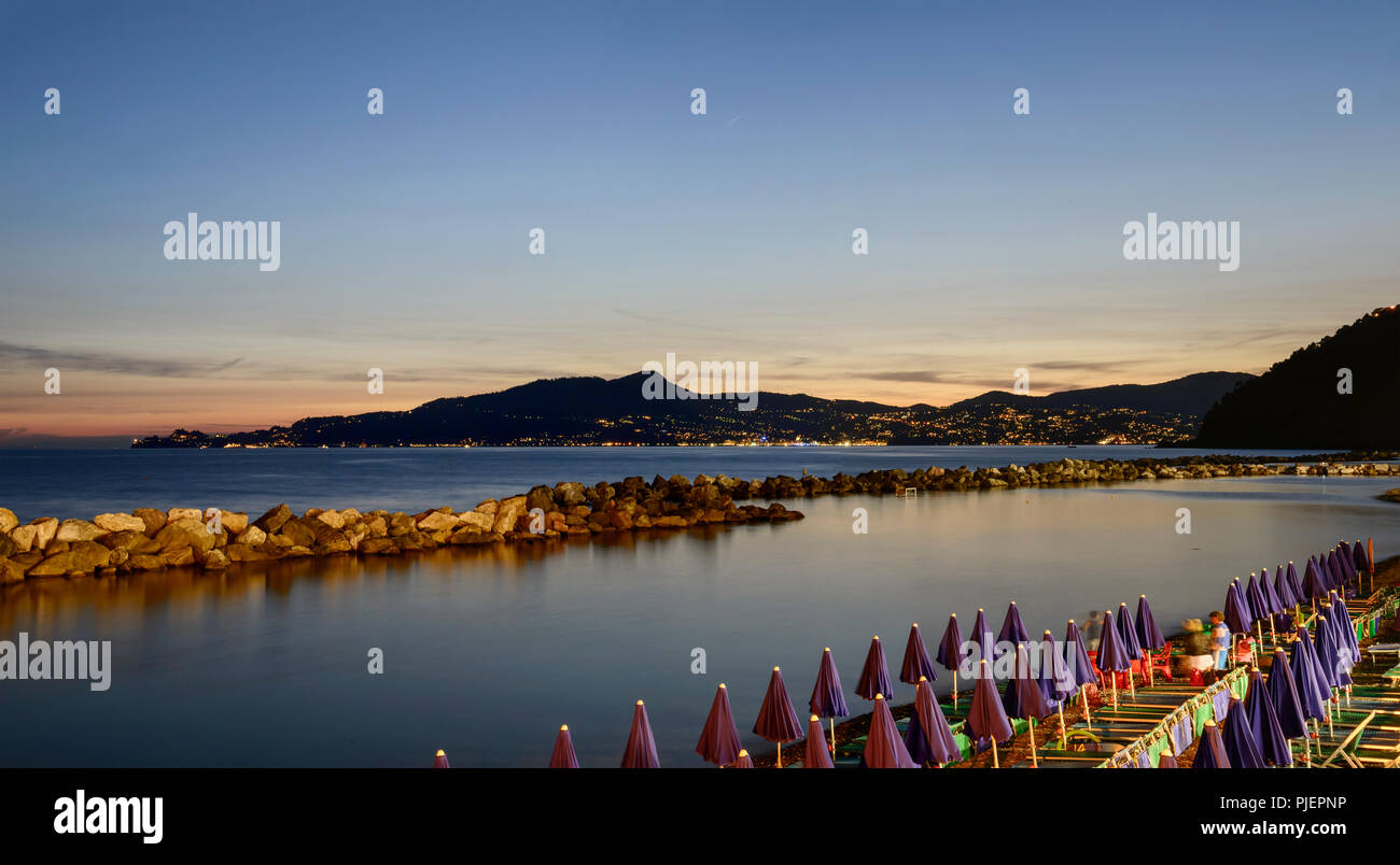 landscape of Tigullio gulf with Portofino mount, shot in summer dusk ...