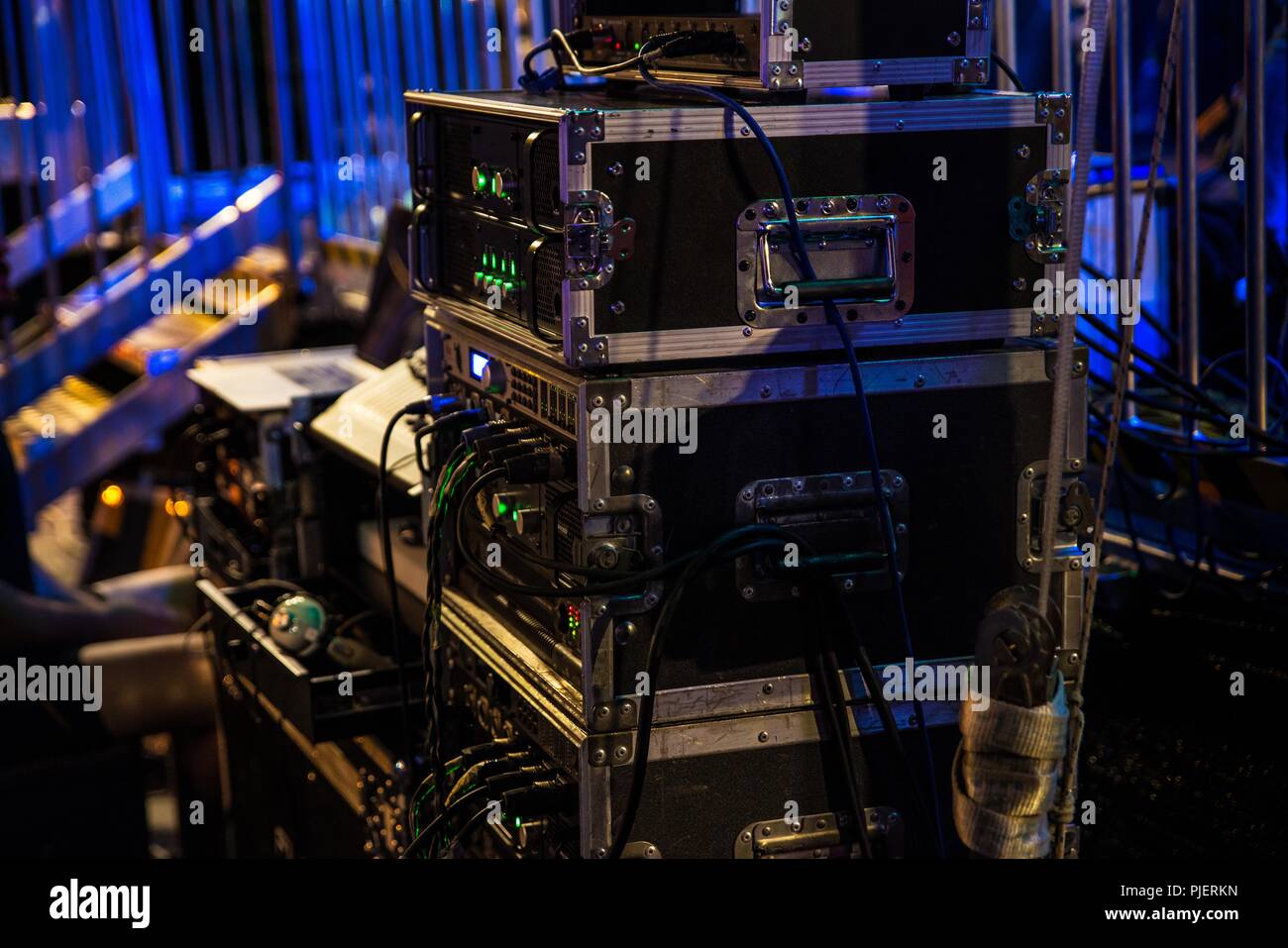Music audio amplifiers and dj mixing console on concert Stock Photo - Alamy