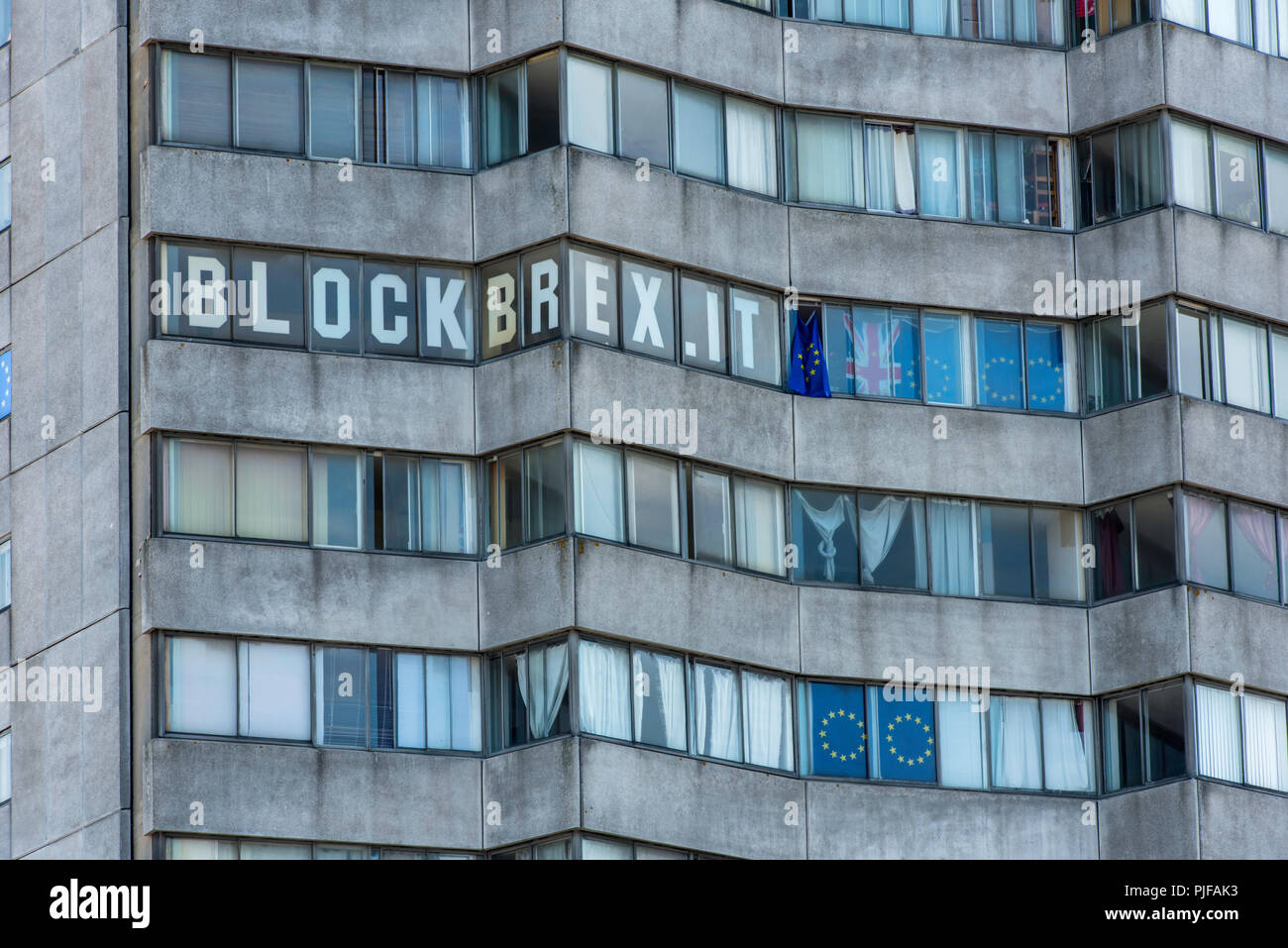 Block Brexit sign with the EU flag and Union flag in the windows of ...