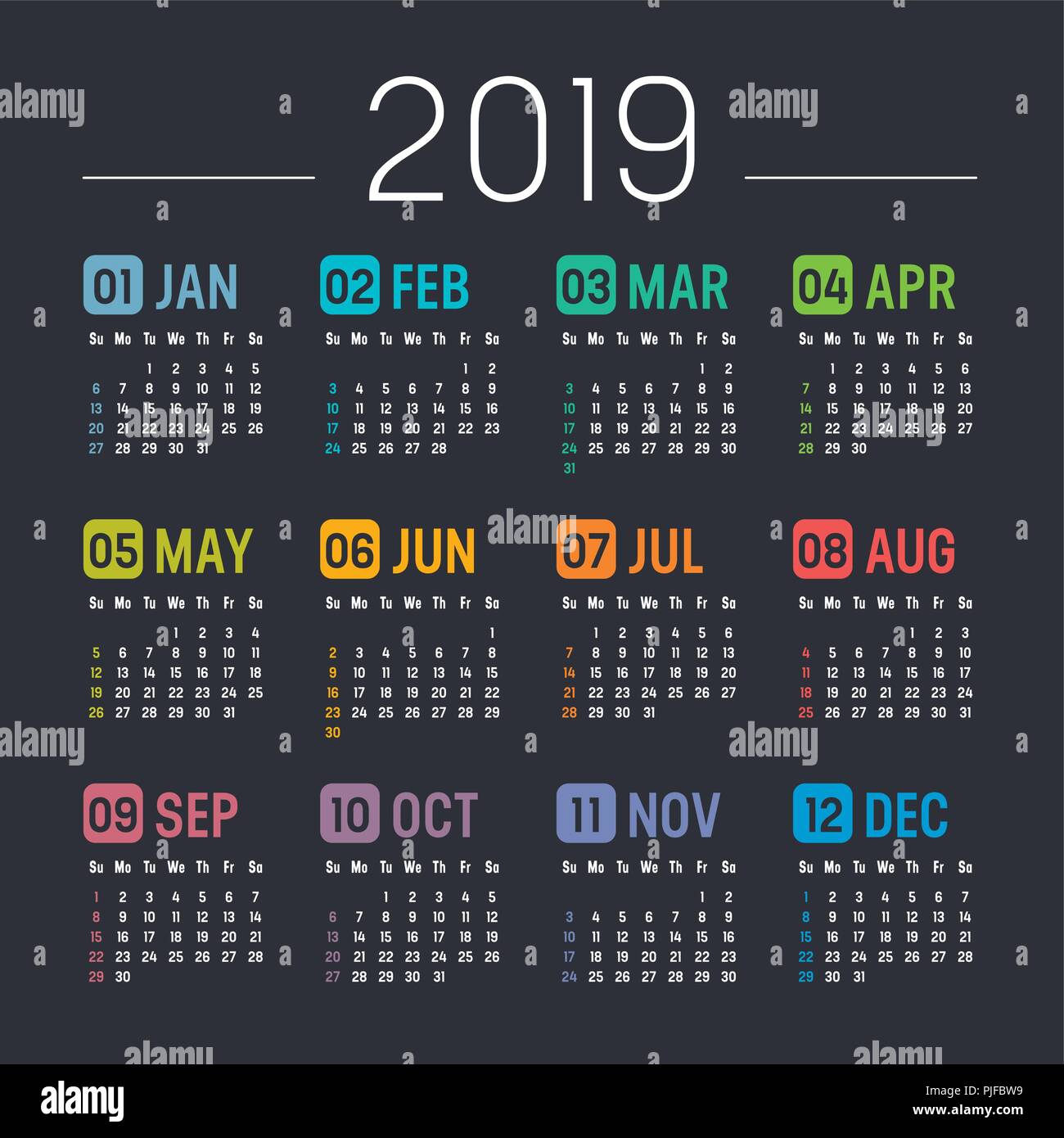 Colorful year 2019 calendar isolated on a black background Stock Vector ...